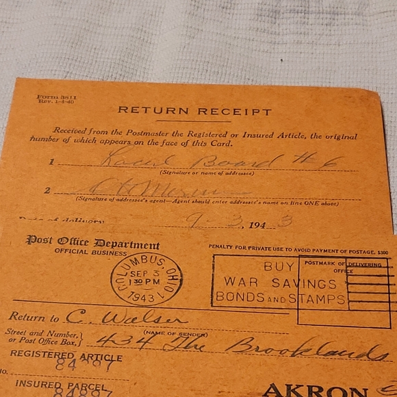 Other | Vintage 1943 Orange Postal Return Receipt | Poshmark